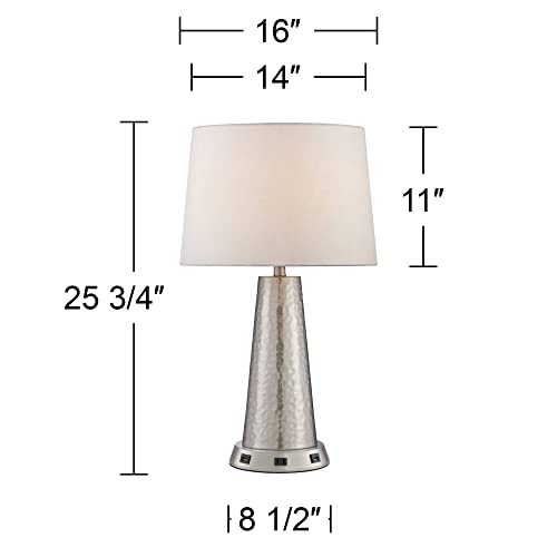 360 Lighting Modern Table Lamp with USB and AC Power Outlet Workstation Charging Base 25.75" High Silver Leaf Hammered Metal Off White Fabric Drum Shade for Living Room Bedroom Bedside