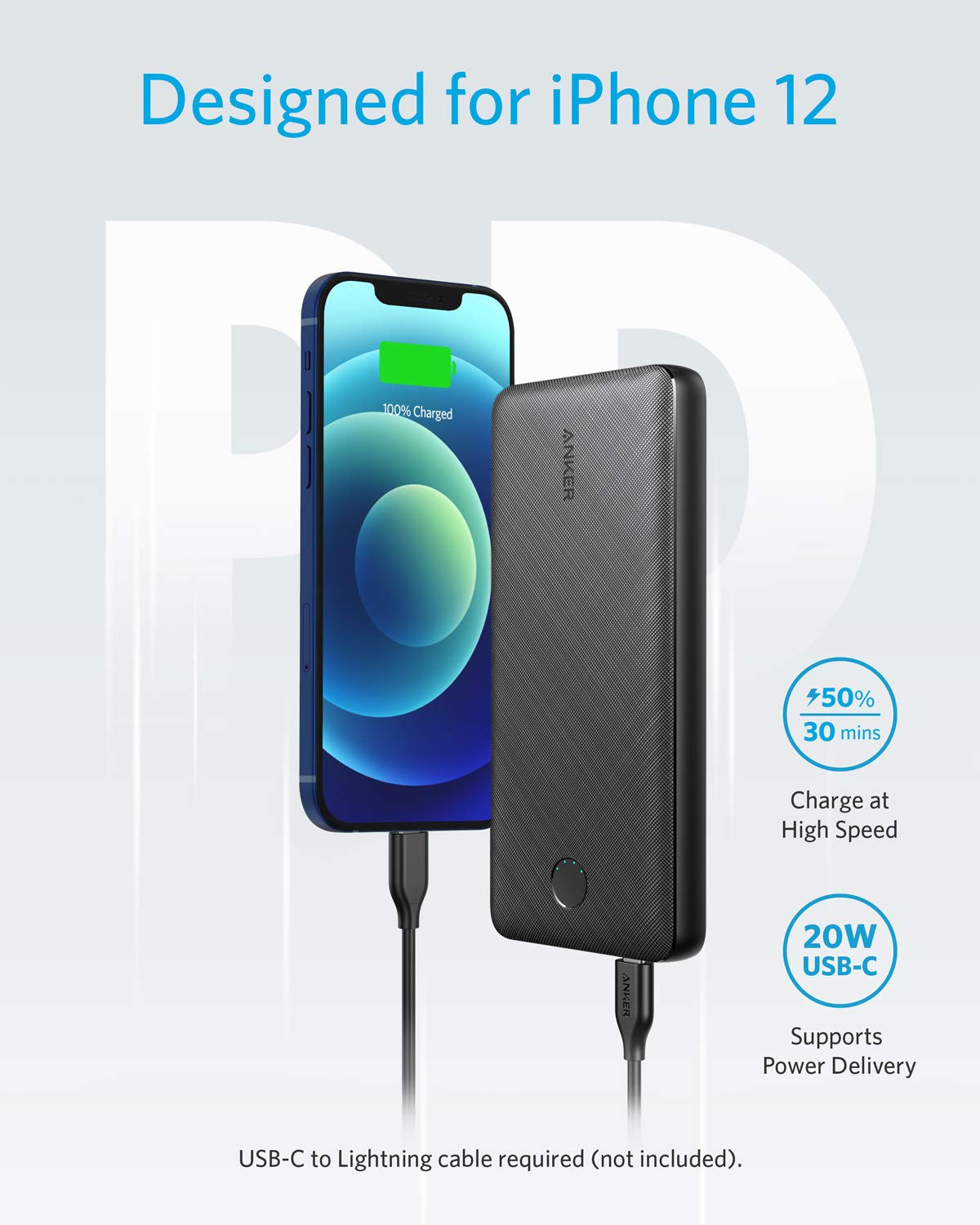 Anker New Nylon USB-C to Lightning Charging Cord (1ft, Black) 525 Power Bank (PowerCore 20K) for iPhone 13 13 Pro 12 Pro Max 12 11 X XS XR 8 Plus, AirPods Pro and More
