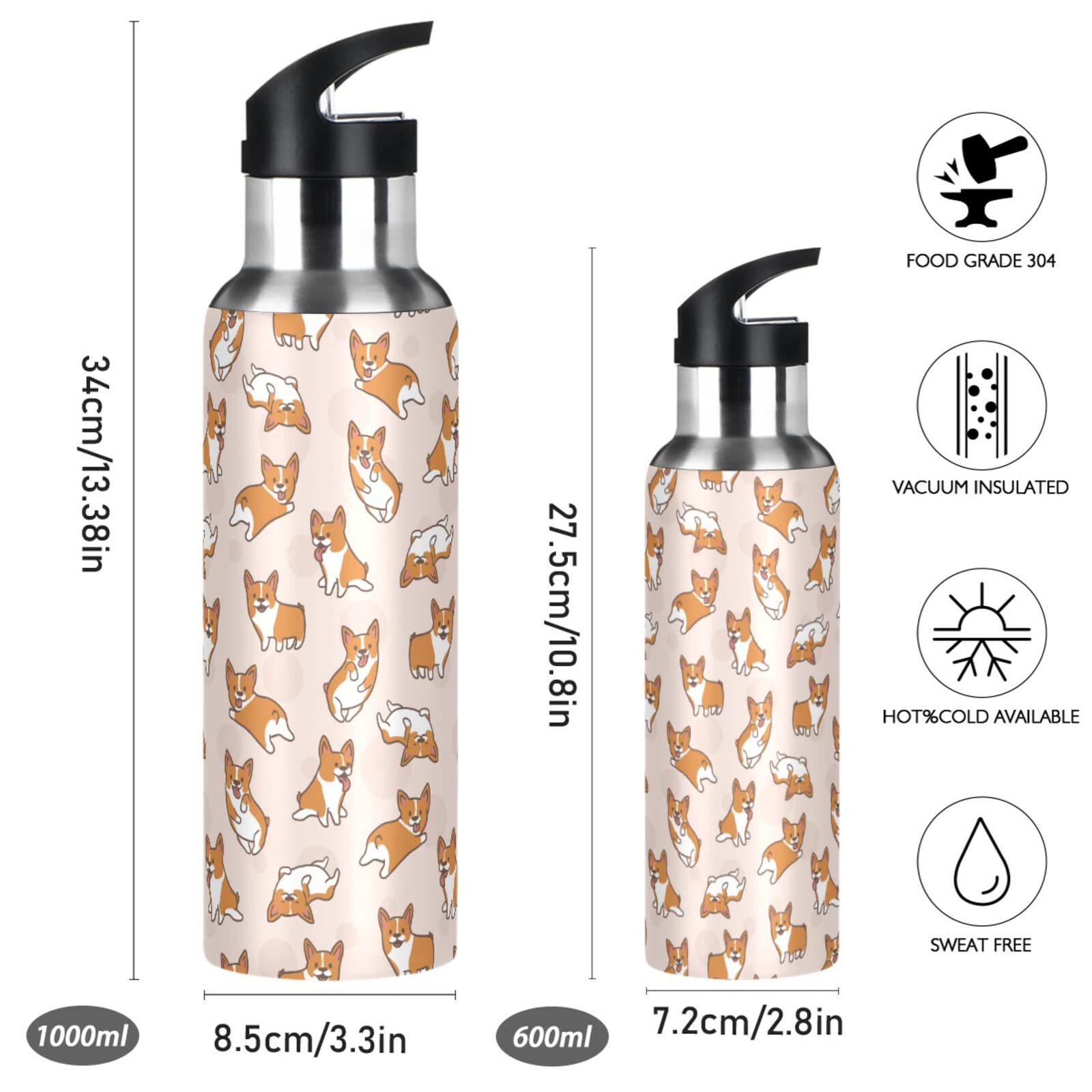 ALAZA Cute Little Corgi Dogs Water Bottle with Straw Lid Vacuum Insulated Stainless Steel Thermo Flask Water Bottle 32oz