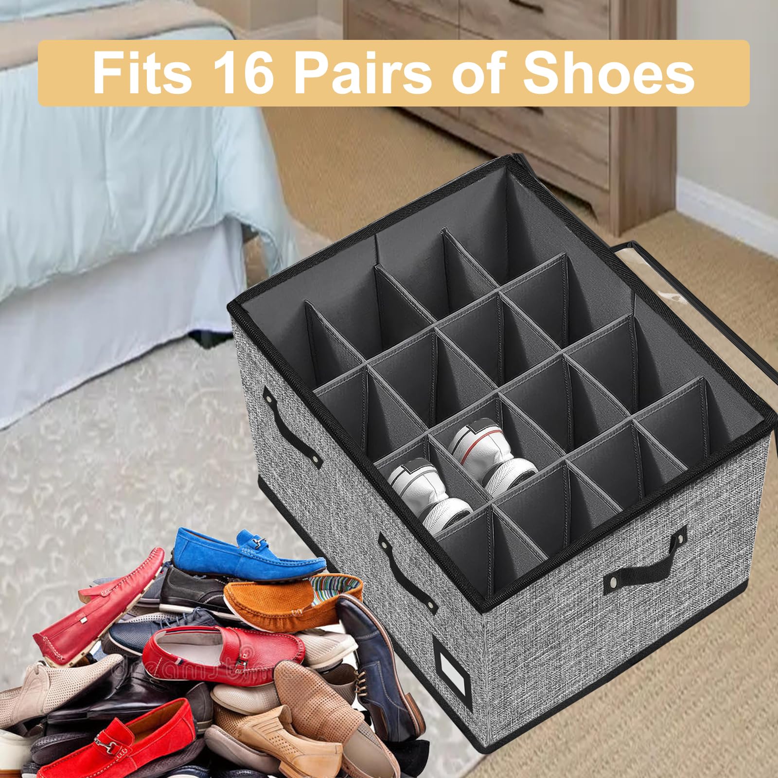 ouruer Shoe Storage Organizer for Closet,Stackable Shoe Storage Boxes for Entryway,Foldable Shoes Rack Organizer,Clear Large Shoe Bin Fits up to 16 Pairs of Low-Top Shoes or 8 Paris of High-Top Shoes