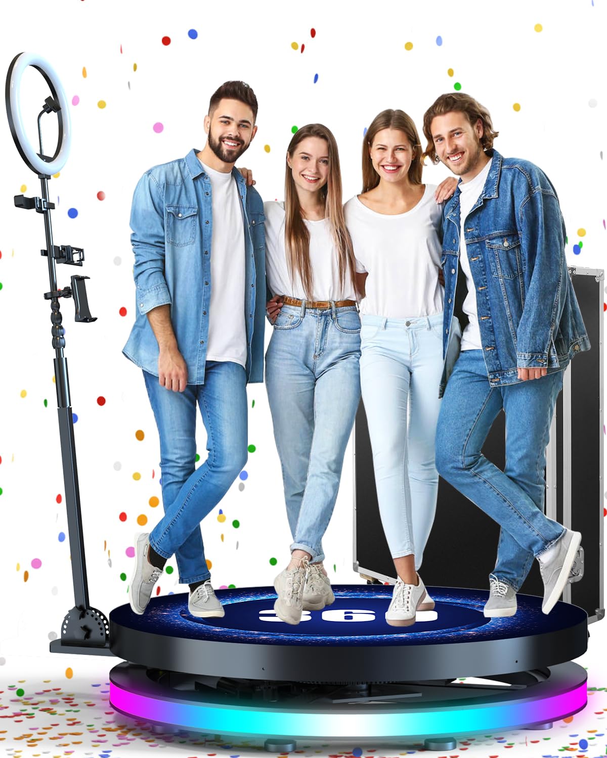 360 Photo Booth Machine for Parties with Ring Light 3 People Stand on Remote Control Automatic Slow Motion 360 Spin Photo Camera Booth Free Custom Logo 80cm 31.5 inch with Flight Case