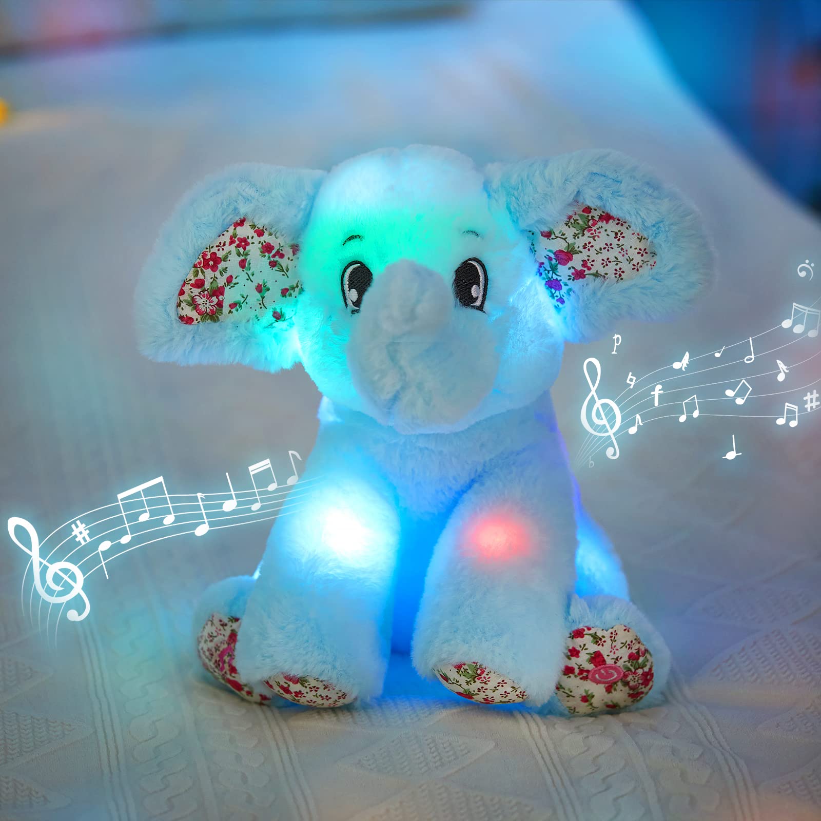 BSTAOFY 12ββ Musical Light Up Elephant Plush Toy Floppy LED Stuffed Animals Lullabies Nightlight Bedtime for Kids Birthday Valentines for Toddlers, Blue
