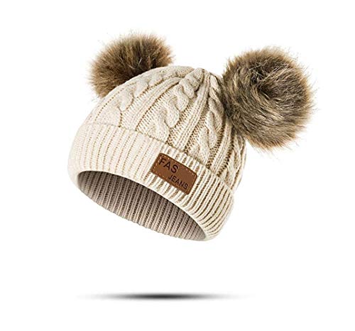Infant Toddler Beanie Woolen Hat Pure Color Winter Twist Double Pom Pom Wool Knitted Cap for 0-3 Years Old (A- Beige, 0-3 Years Old)