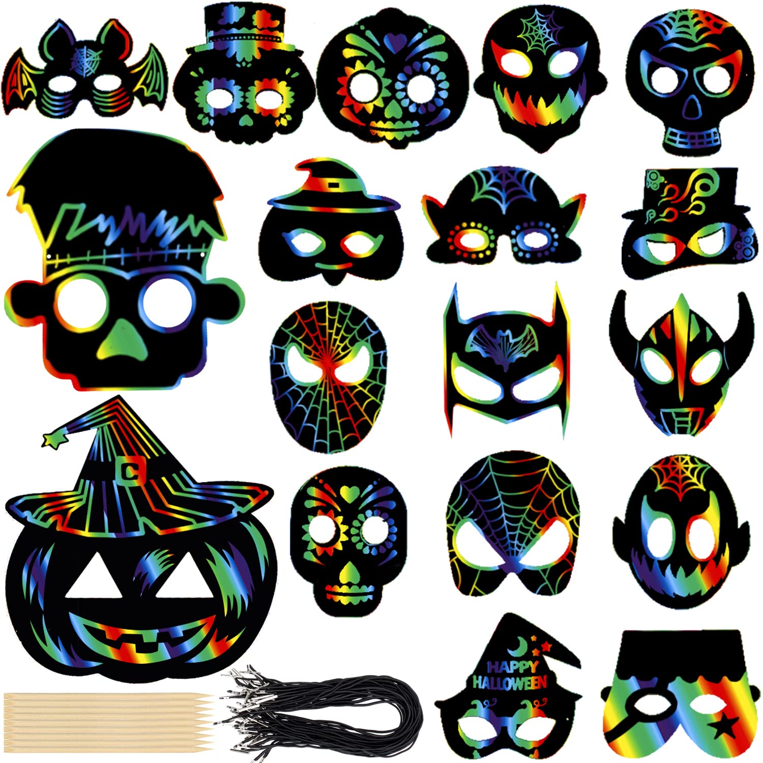 48PCS Halloween Rainbow Scratch Mask Art Craft Kit, Bat Witch Pumpkin Zombie Pirate Skull Magic Scratch Paper Art Mask for Halloween Party Crafts Classroom Decorations