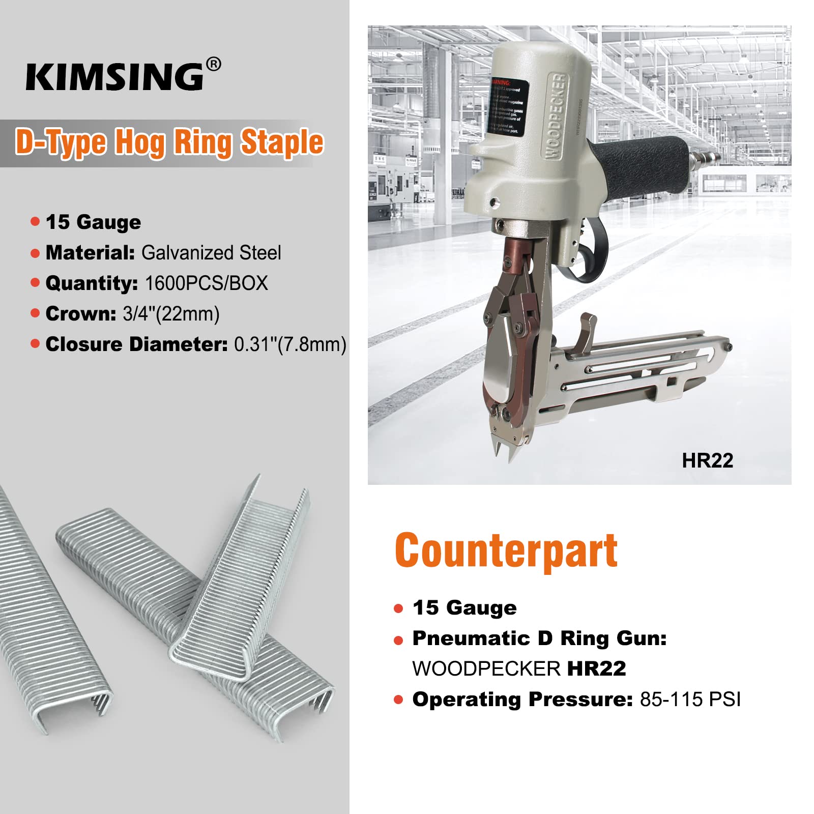 HR-22 15 Gauge 3/4'' Crown Galvanized D-Rings Hog Rings D Ring Staples for HR22 Hog Ring Plier D Ring Gun 1600 PCS/BOX