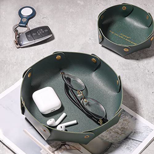 Aoyinism Leather Valet Trays,Premium Catchall Trays,Jewelry Trays, Decorative Desk Organizer, Soft Foldable Desk Organizer, Office/Home Organization Trays(Large and Small,2PCS) (Green)