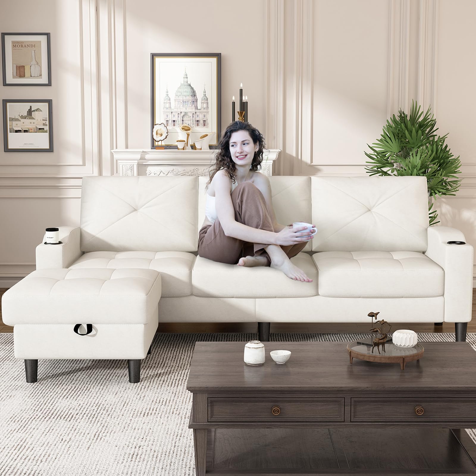 SeekFancy 78' Modern Sofa, 3-Seat Linen Convertible Sectional, Beige with Storage Ottoman, L-Shape for Small Spaces