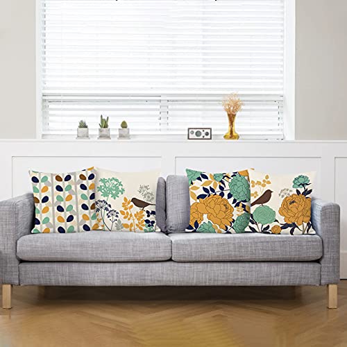Bonhause Flower Bird Spring Throw Pillow Covers 18 x 18 Inch Set of 4 Blue and Yellow Floral Decorative Pillows Case Polyester Linen Outdoor Cushion Covers for Sofa Couch Garden Home Decor