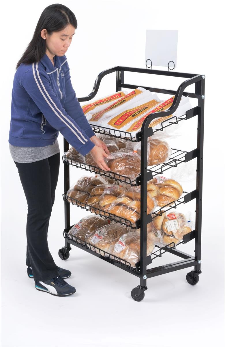 Displays2go Wheeled Metal Rack with Four Tilting Wire Shelves, Black (BAKCRT4NBK)