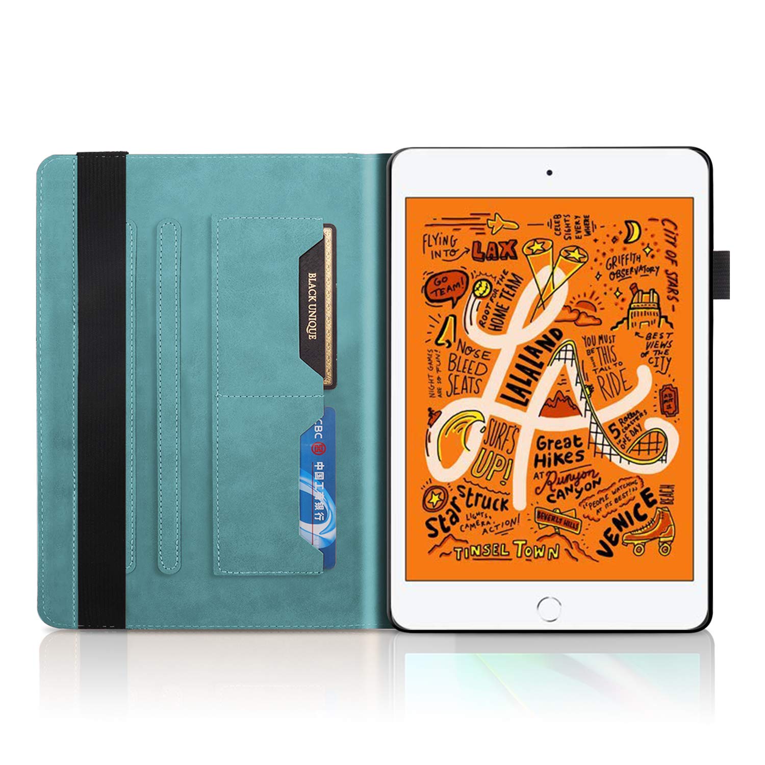 Pefcase iPad Mini 5 Case, iPad Mini 1/2/3/4/5th Generation Cover, Multi-Angle Viewing Folio Smart PU Leather Cover with Auto Sleep/Wake for Apple iPad Mini 7.9 inch Life Tree - Turquoise