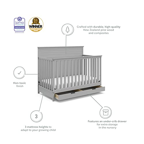 STORKCRAFT Homestead 5-in-1 Convertible Crib with Drawer (Pebble Gray) β GREENGUARD Gold Certified, Crib with Drawer Combo, Includes Nursery Storage Drawer, Converts to Toddler Bed and Full-Size Bed