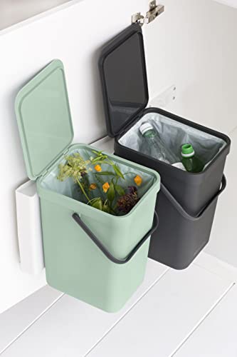 Brabantia Sort & Go Built-in Cupboard Recycling Cans (2 x 4.2 Gal/Dark Gray & Jade Green) Double Door Mounted Trash Organisers with Handles & Removable Lids