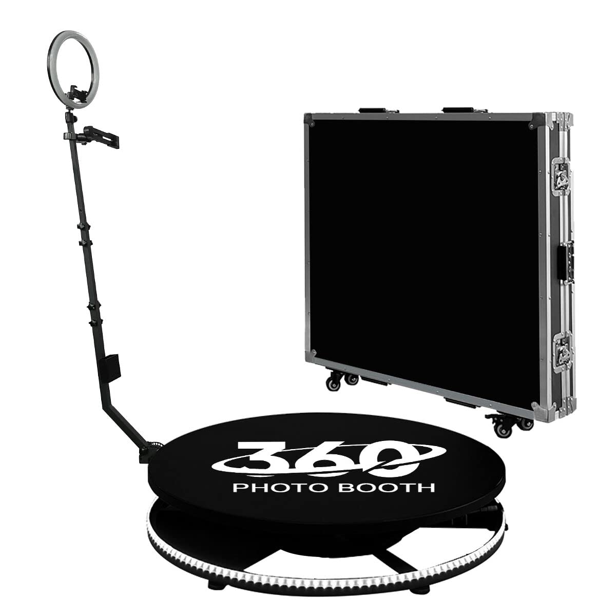 360 Photo Booth Machine for Parties with Ring Light Selfie Holder Automatic Spin 360 Video Camera Booth Platform Spinner with Flight Case for Christmas Wedding Live Streaming