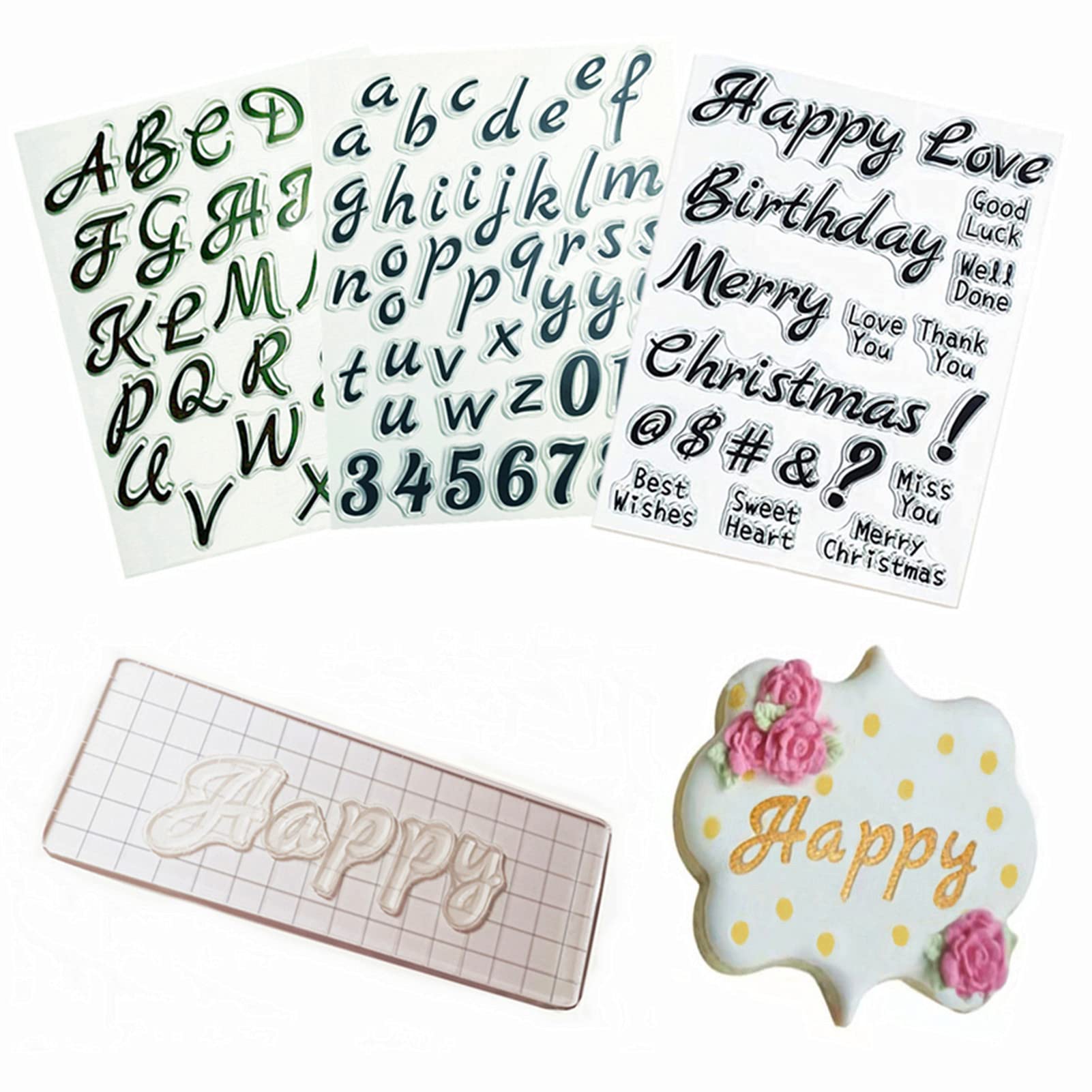 Alphabet Cake Stamps for Biscuit Fondant Cookie,Food Grade Fondant Letter Cake Stamp Tool,Uppercase Extra Spare Lowercase Numbers Phrases for Birthday Wedding Thanksgiving Christmas Party