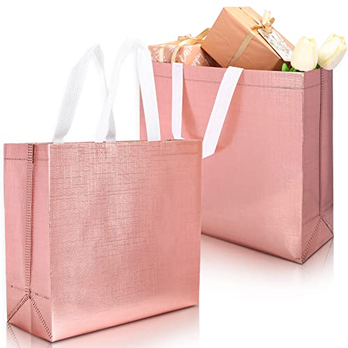 Whaline Set of 12 Reusable Rose Gold Gift Bags Glossy Glitter Tote Bag with Handles Large Size Stylish Party Holidays Favor Bags for Wedding Birthday Party Valentines Mother's Day Christmas