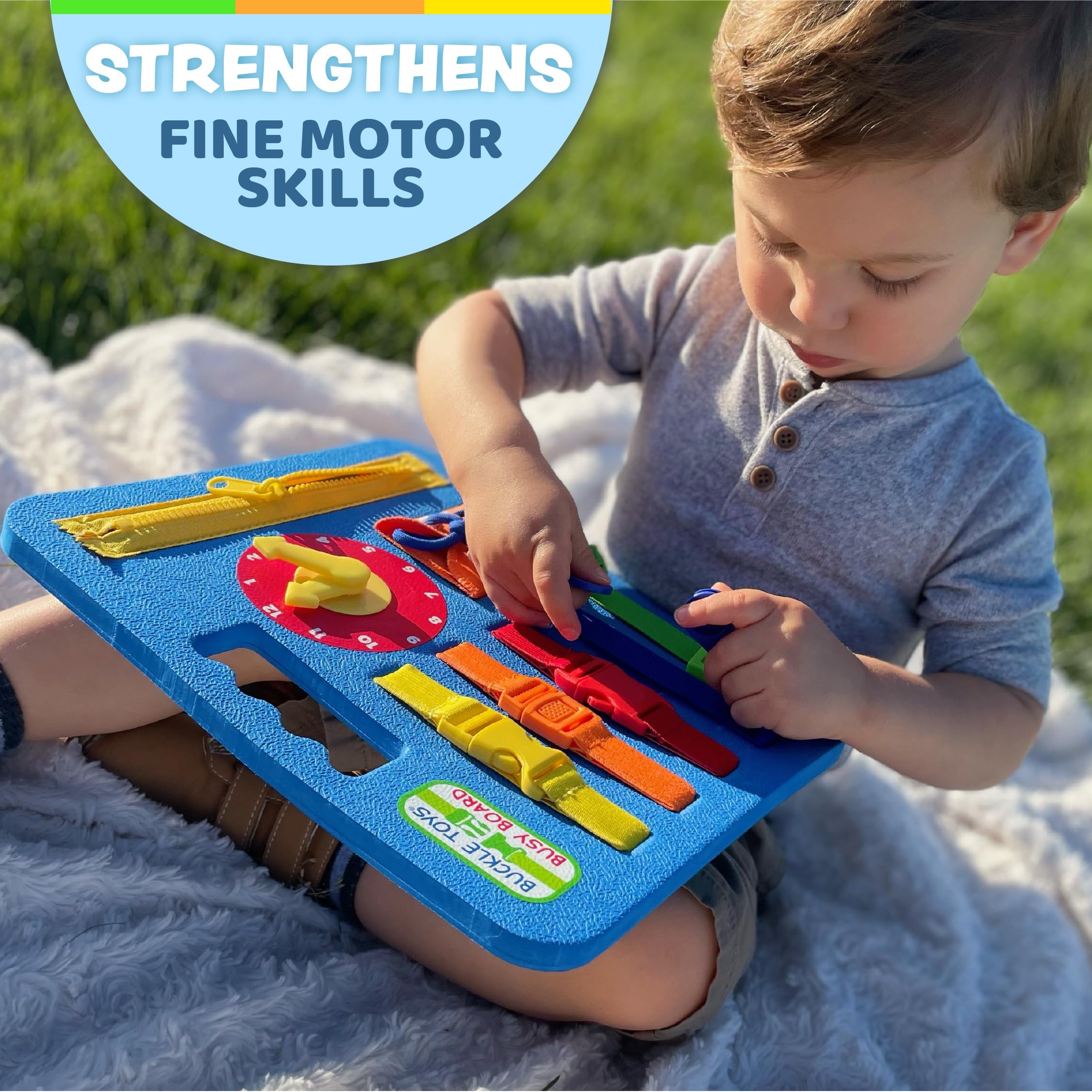 Buckle Toys Busy Board - Montessori Learning Toy for Toddlers Kids Road Trip Activities - Foam Sensory Board - Develop Fine Motor Skills - Blue