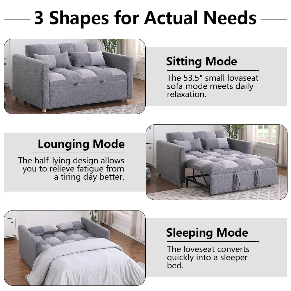 DULATIS Loveseat Sleeper Sofa - Convertible Sofa Bed,Teddy Velvet Pull-Out Bed with Adjustable Backrest,Multi-Functional Lounge Chair for Living Room,Small Space(Dark & Light Grey)