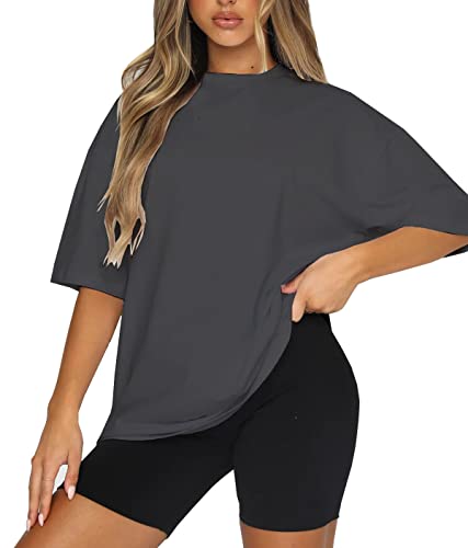 Bnycuml Women's Oversized T Shirts Half Sleeve Crewneck Loose Fit Drop Shoulder Casual Cotton Tunic Tees Top (Dark Grey,X-Large)