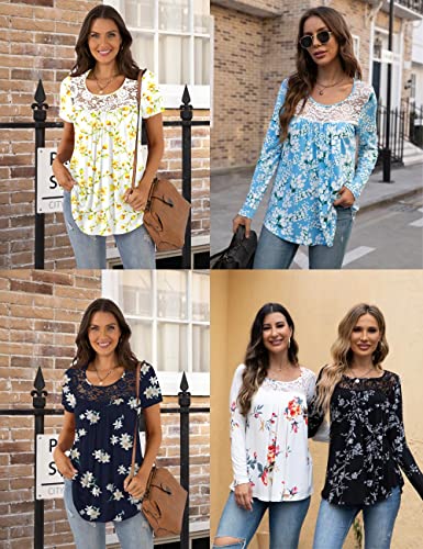 BISHUIGE Women's Casual Loose Short Sleeves Tunic Tops Lace Panel Pleated T-shirts Blouses with Leggings, M, Carved White - Black