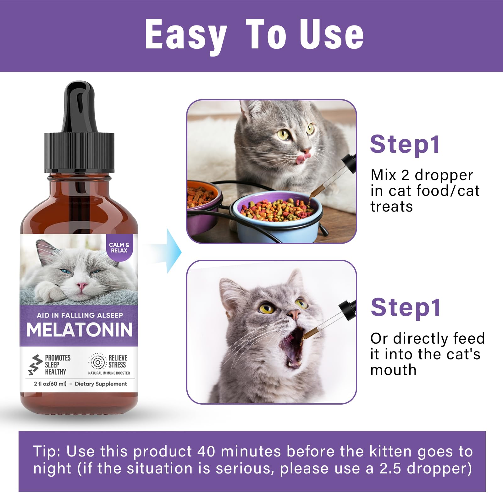 Fancy Pets Melatonin for Cats, Cat Calming, Anxiety Relief & Promote Relaxation, 60ml, 02