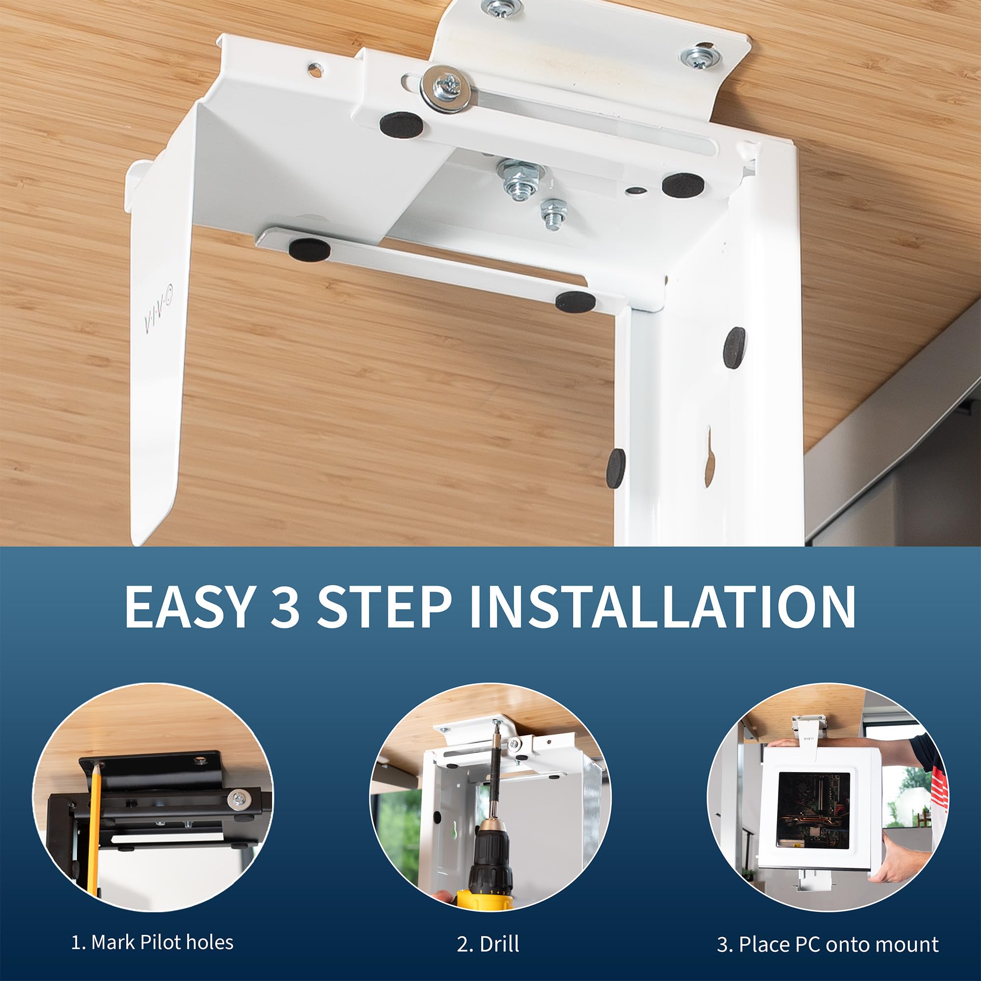 VIVO Adjustable Under Desk and Wall Mount for PC 3.5 - 7.8 inches Wide, Computer Case CPU Holder with Swivel and Secure Locking, White, MOUNT-PC01W