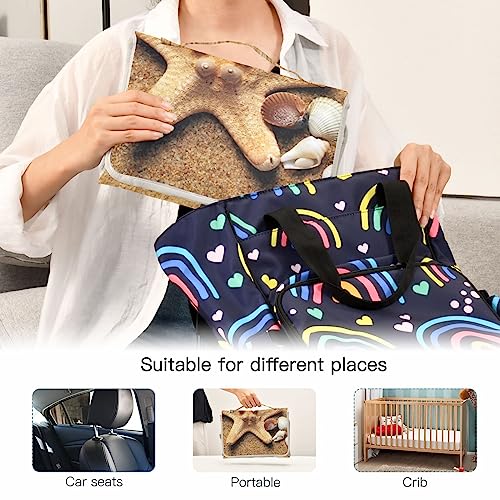Beach Starfish Seashells Portable Baby Changing Pad Travel Diaper Changing Table Mat Foldable Waterproof Changing Station with Built-in Pillow for Girls Boys Newborn Essentials