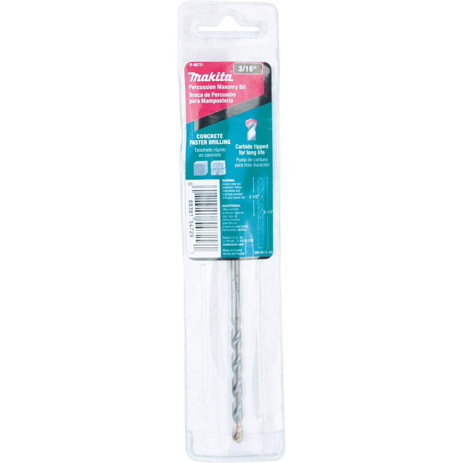 Makita B-68731 3/16" x 3-1/2" Carbide Tipped Percussion Masonry Hammer Drill Bit
