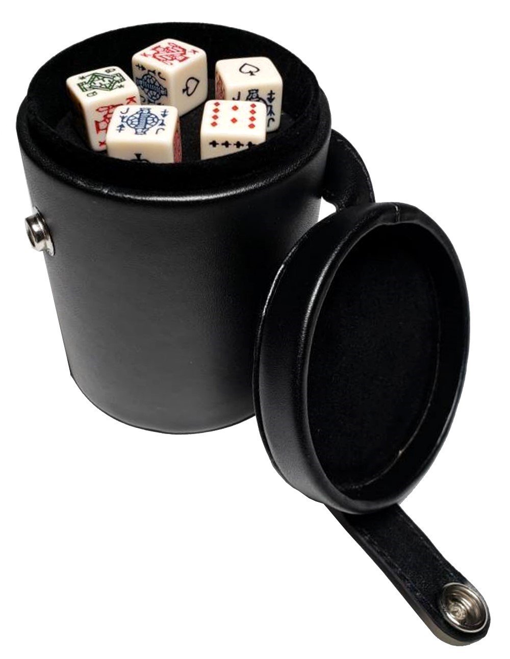 Black Leatherette Deluxe Dice Cup With Storage Compartment for Included Poker Dice Set