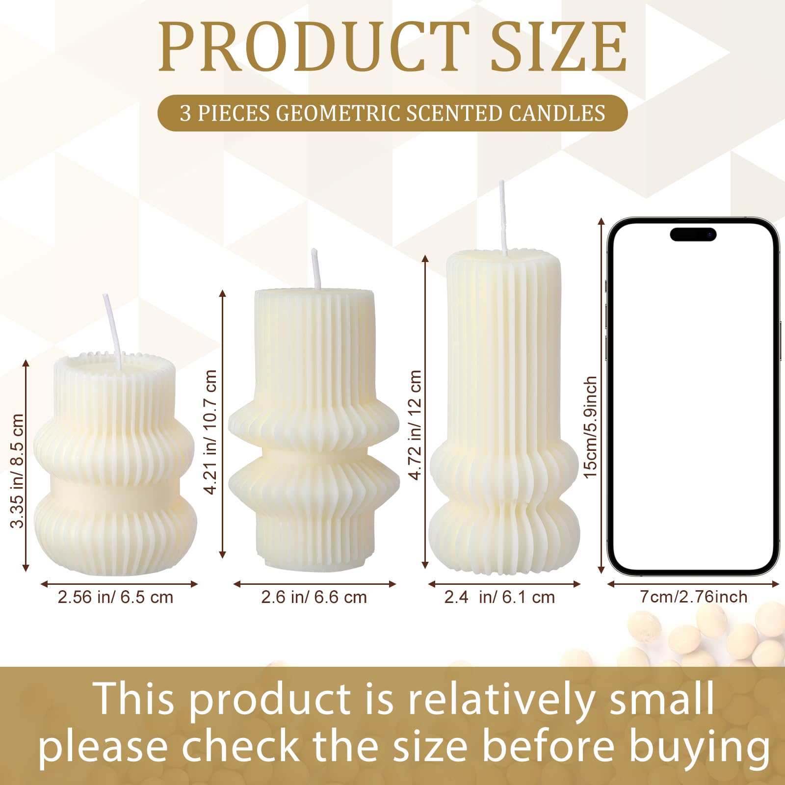 MTLEE 3 Pcs Small Ribbed Pillar Candles Scented Pillar Candle Decorative Candles Soy Wax Aesthetic Candle 4.7, 4.2, 3.2 in Height Modern Geometric Home Decor for Bathroom Living Room(Khaki)
