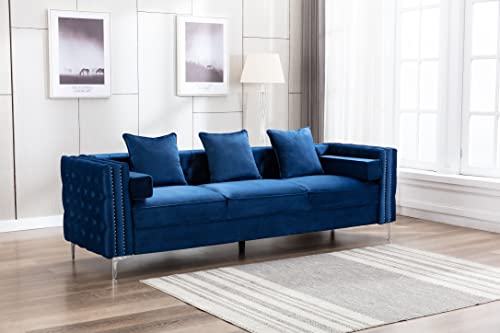 Legend Furniture Velvet Big Comfy Couch Living Room Square Arm Chesterfield 3seats Sofas, 104'', Blue