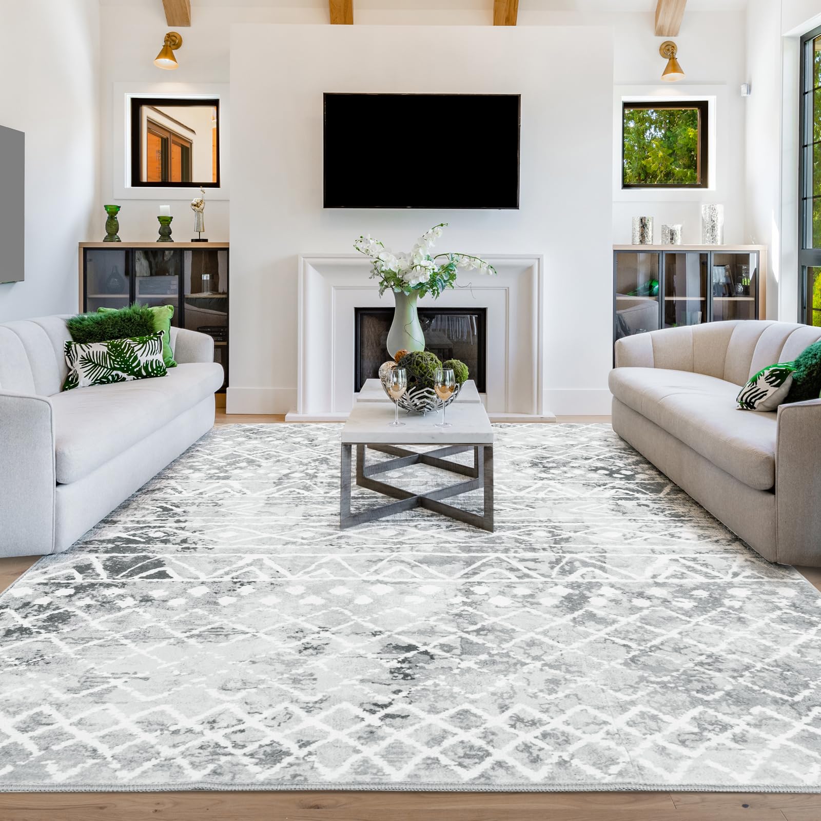 8x10 Washable Large Area Rug for Living Room Non Slip Boho Moroccan Bedroom Rug Indoor Farmhouse Geometric Floor Mat Soft Low Pile Woven Carpet for Classroom Office Under Dining Table(Gray)