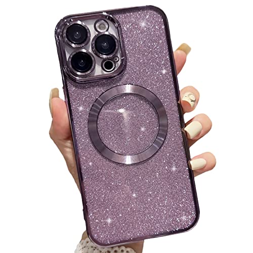 aowner Magnetic Case for iPhone 14 Pro Glitter Case, Luxury Plating Cute Bling with Camera Lens Protector, Compatible with MagSafe, Slim Thin for Women Girls Protective Clear Phone Case, Purple