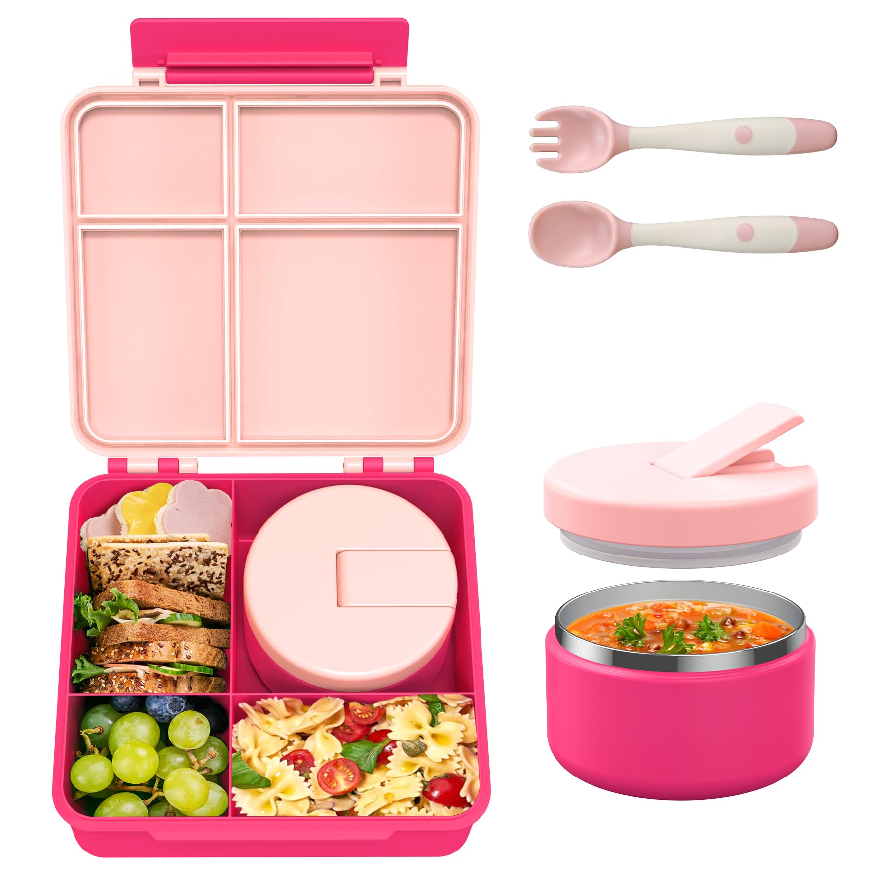 LOHASOK Bento Lunch Box with 8oz Soup Thermo, Leak-Proof Lunch Containers with 4 Compartment, Thermo Hot Food Jar and Insulated Lunch Bag for School Pink