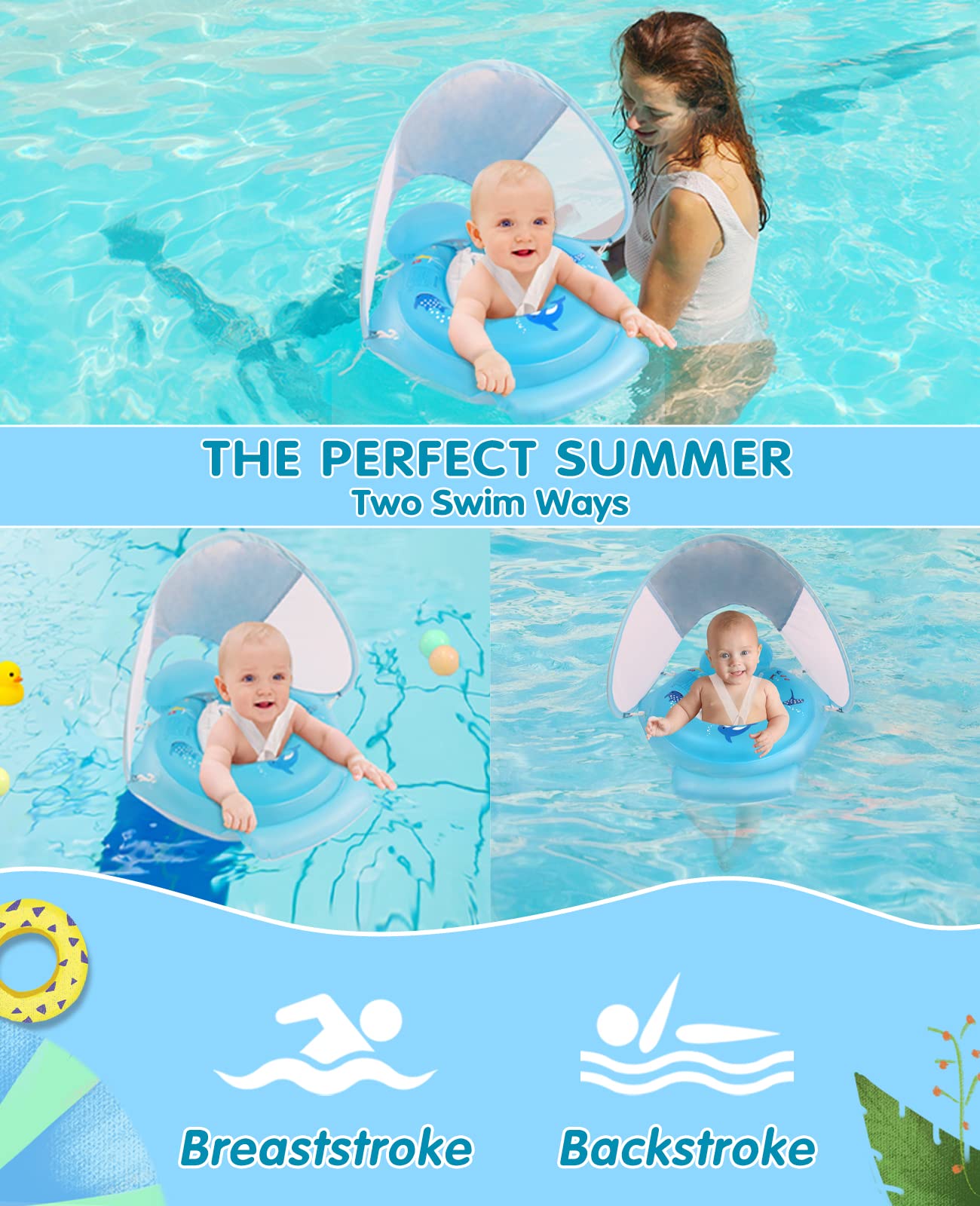 Baby Pool Float with Canopy, Baby Swimming Float Add Tail No Flip, Infant Pool Float, Inflatable Toddler Pool Float with Toys for Age of 3-36 Month (Large)