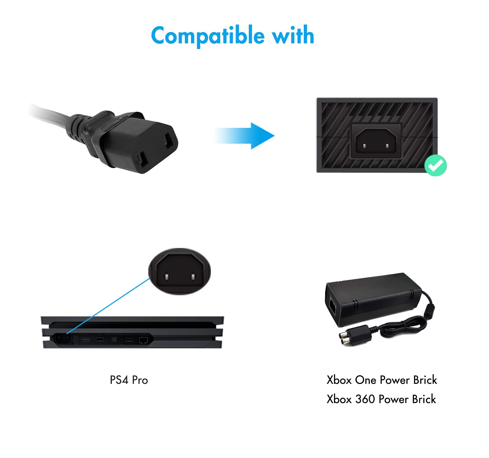 4FT 2 Prong AC Power Cord Cable Compatible with Sony PS4 Pro Playstation 4 Pro, Xbox One, Xbox 360 Slim, 360 E