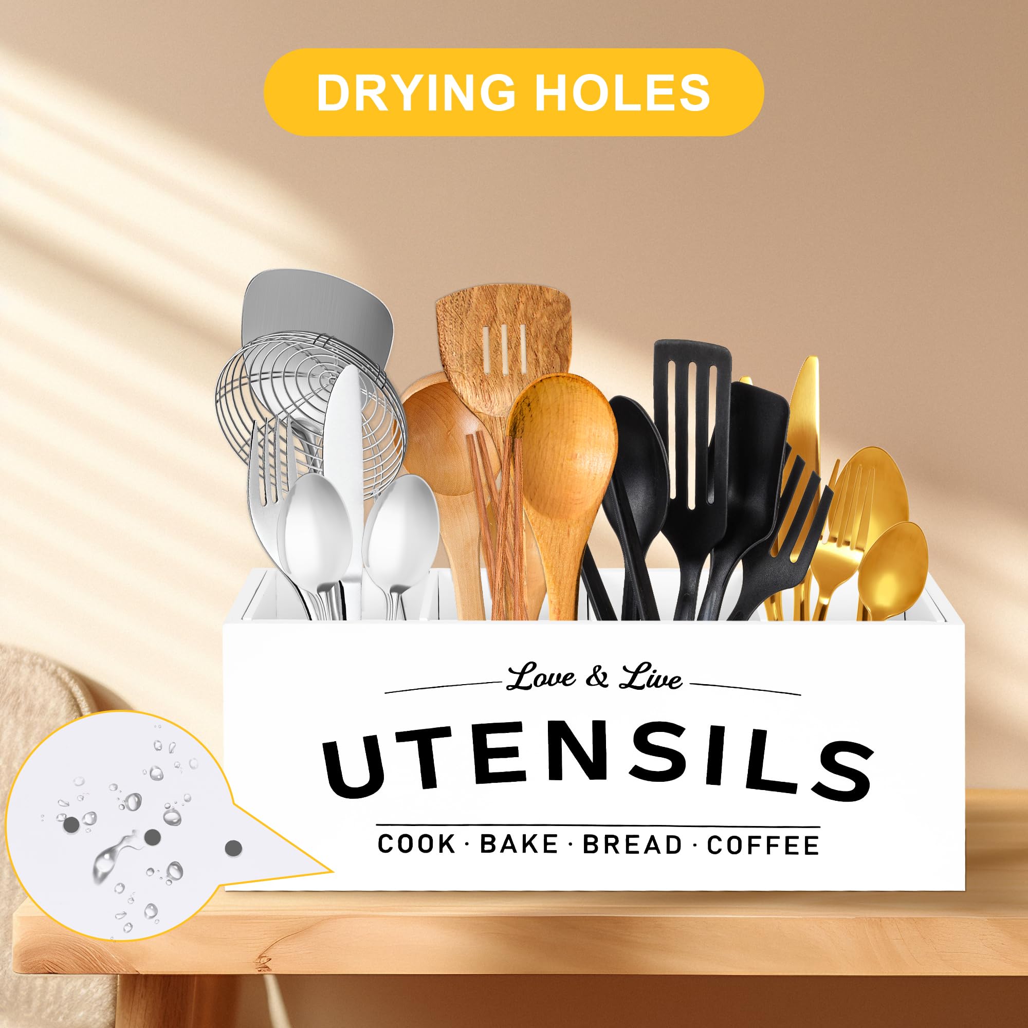 AiMQnLe Extra Large Utensil Holder - 4 Compartments Kitchen Utnesil Organizer, Wooden Cooking Utensil Crock for Kitchen Countertop, Kitchen Counter Decor (White