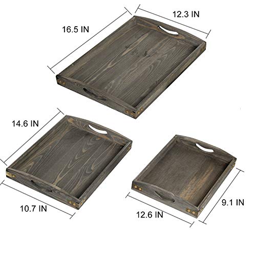 VERGOODR Country Farmhouse Rustic Wood Nesting Dinning Breakfast Serving Trays with Wood Handles, Set of 3,Can Put Food, Fruit, Plates|Ottoman Decorative Coffee Table Tray (Rock Grey)