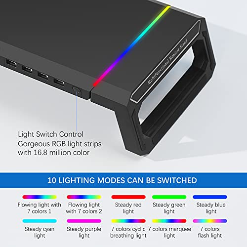 MOOJAY Monitor Stand for Desk RGB Gaming Lights with 4 USB 2.0, Foldable Computer Screen Riser with Storage Drawer and Phone Holder, Desk Organizer Laptop Stands Shelf, for PC/Laptop/iMac - Black