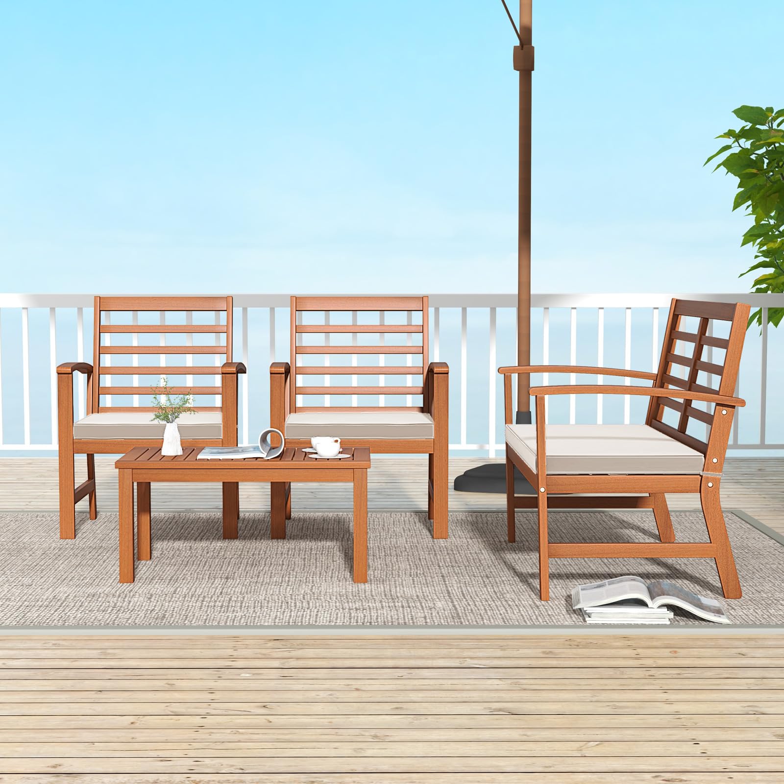 Tangkula 4 Pieces Outdoor Furniture Set, Acacia Wood Conversation Set w/Soft Seat Cushions, Stable Acacia Wood Frame, Patio Sofa & Coffee Table Set for Backyard, Porch, Poolside (White)