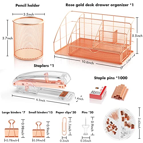 MooManGoo Rose Gold Office Desk Organizers and Accessories with Sliding Drawer, Pen Holder, Stapler, 6 Compartments +72 Clips Set, Office Supplies Mesh Desktop File Organizer for Women Home School