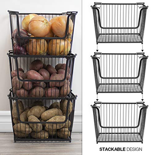 Sorbus Wire Metal Basket Bin, Stackable Storage Baskets, Cubby Bins for Food, Kitchen, Home, Pantry Snack, Vegetable, Potato, Onion, Laundry Room, Office, Farmhouse, Iron Metal (3-Pack, Black)