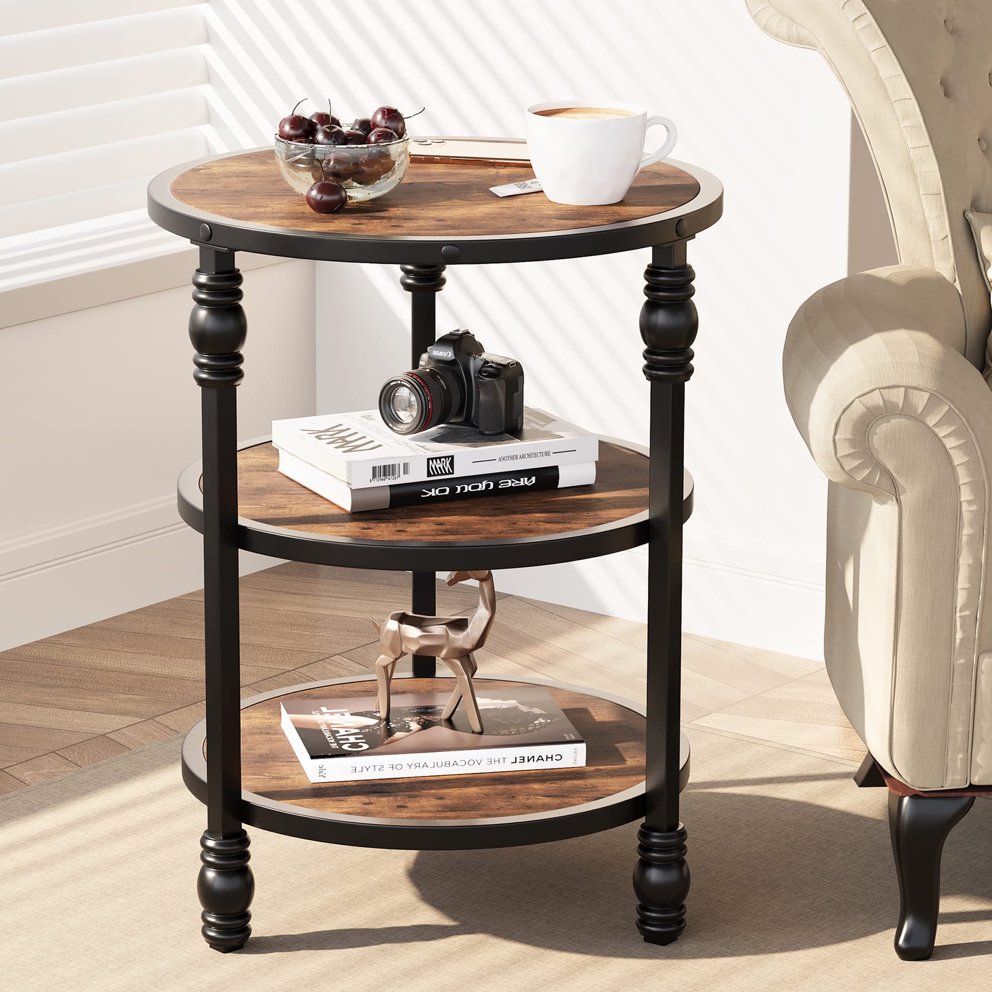 Amyove Round Side Table, 3-Tier End Table Living Room Accent Table with Storage Shelf and Metal Industrial Wood Bed Side Table/Night Stand for Bedroom, Small Spaces, Rustic Brown