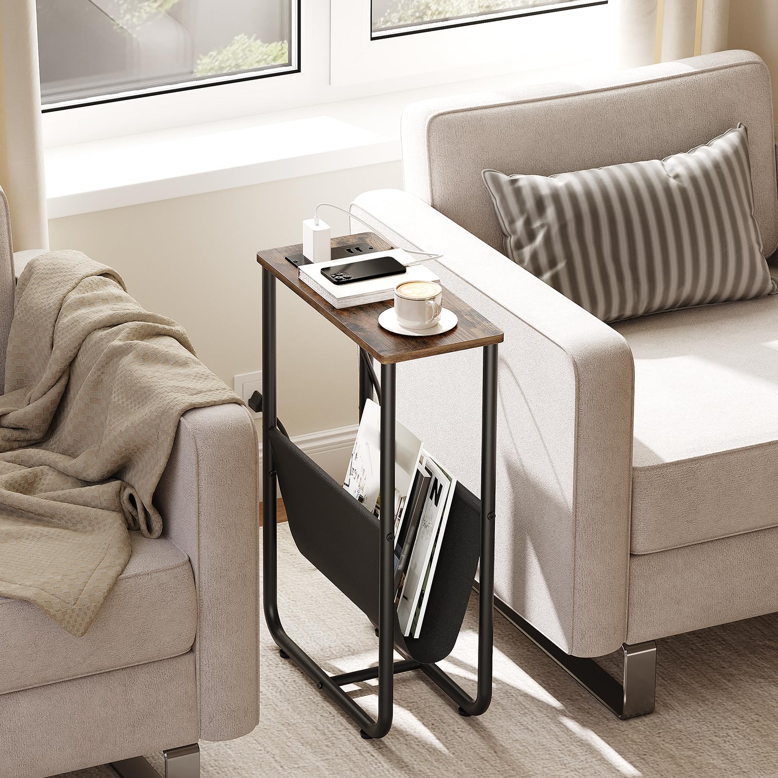 YATINEY Narrow End Table with Charging Station, Slim Side Table with Storage, Skinny End Table with Magazine Holder, Narrow End Table, Nightstand for Bedroom, Living Room, Rustic Brown ET05BR
