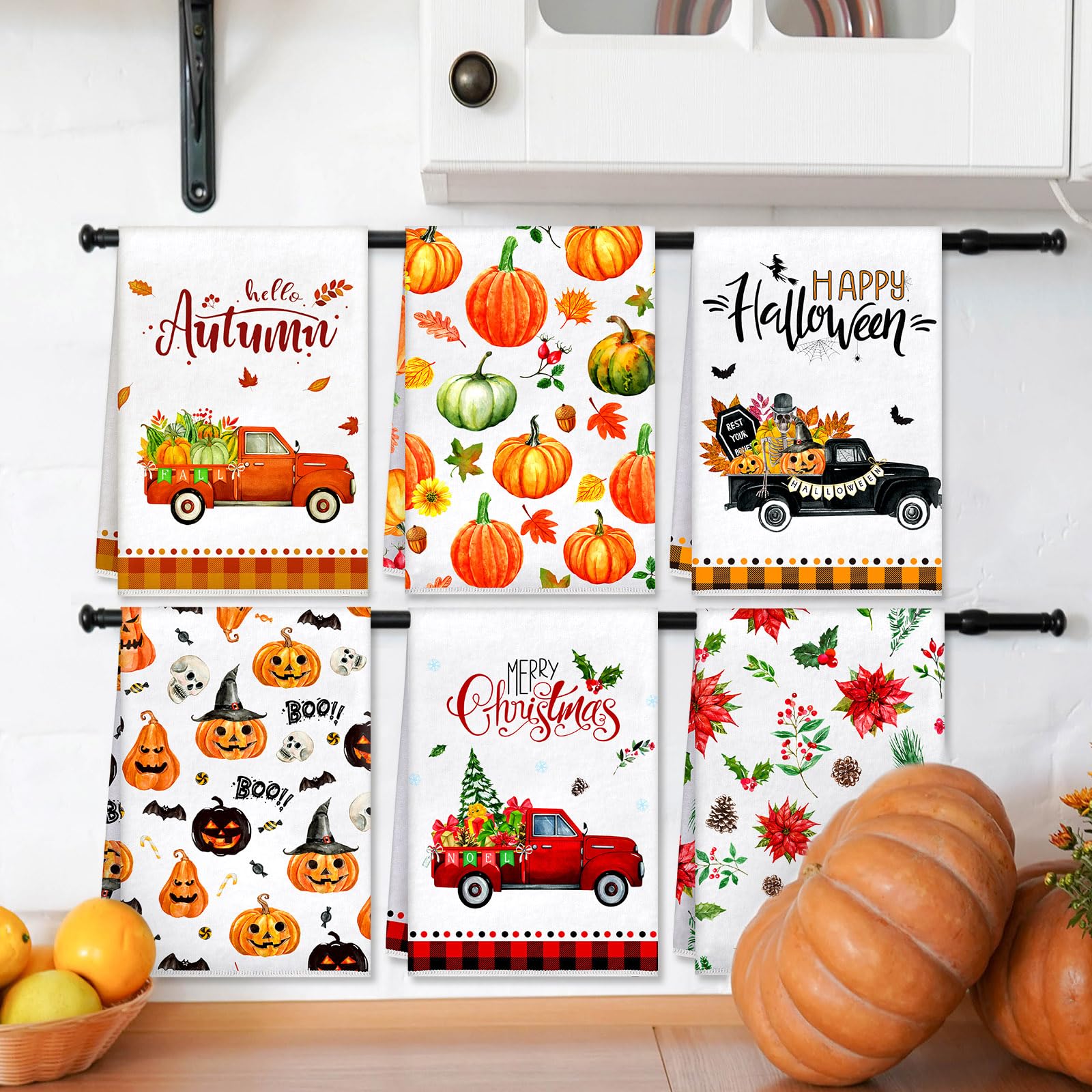 6 Set Holiday Kitchen Towels for Halloween Fall Christmas Decorative Dishtowels,Halloween Hand Towels Absorbent Dishcloths Autumn Tea Towels Wash Cloths for Thanksgiving Christmas Kitchen Decor