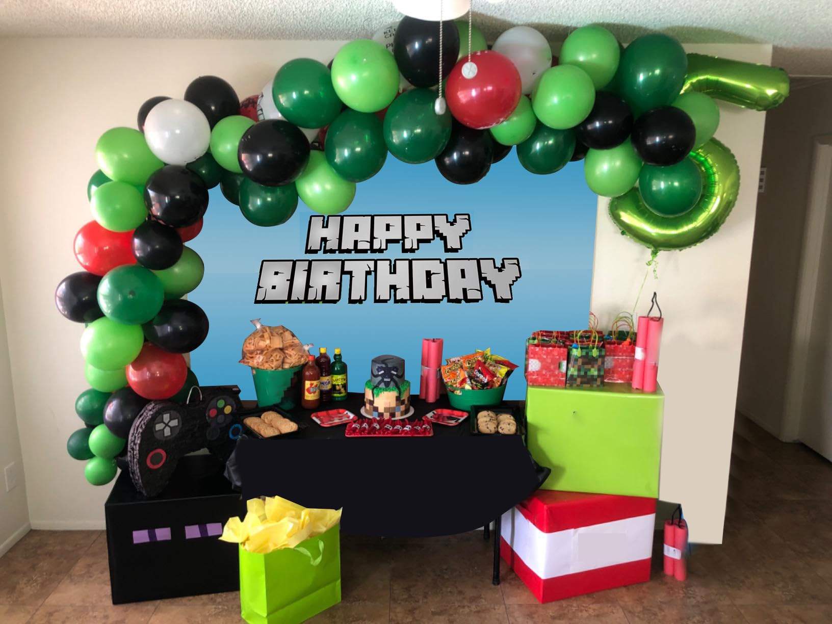 7x5ft Polyester Pixel Happy Birthday Backdrop Game Party Supplies Mining Dirt Block Banner for Kids Boys Room Decor Photograph Props…