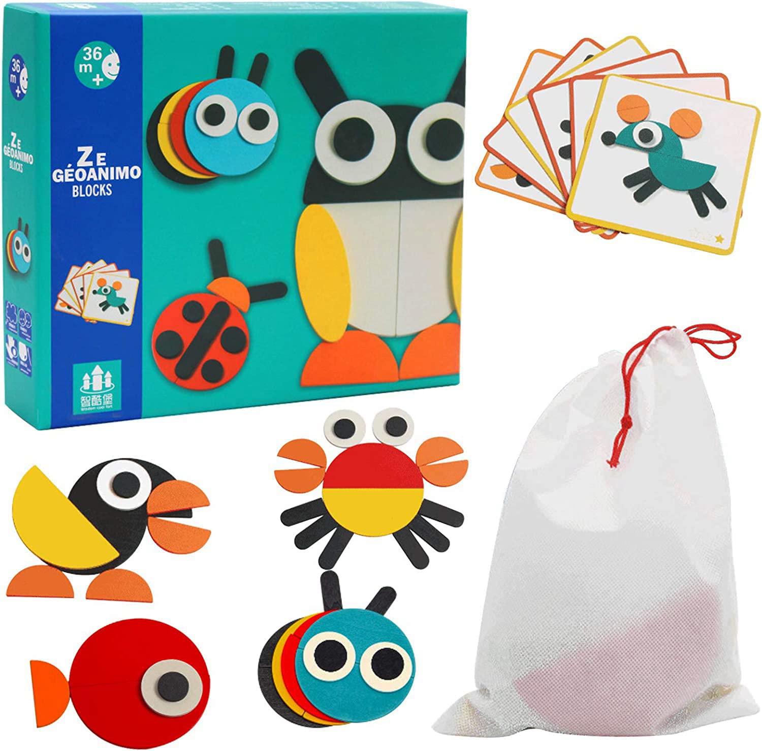 BLATOMY Wooden Pattern Blocks, Jigsaw Puzzle Montessori Toys Geometric Shapes Blocks, Tangram Montessori Toys for Kids, 29 Shape Puzzles and 20 Pattern, Early Learning Toys for 3+ Years Old