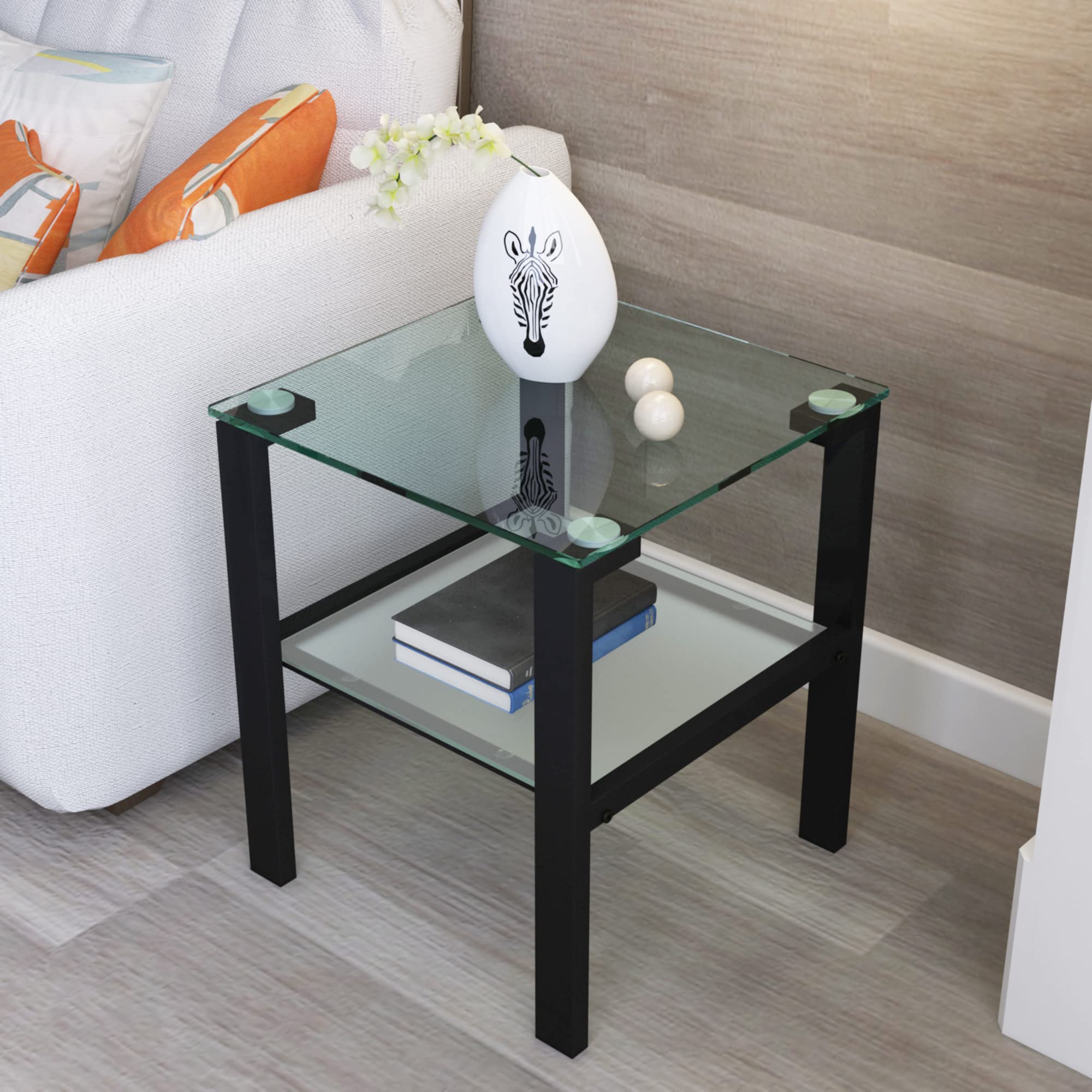 POULEII Living Room Table Set,3 Piece Glass Coffee and End Tables Set for Room,Coffee with Tempered Tabletop Metal Frame Apartment, Small Space Black