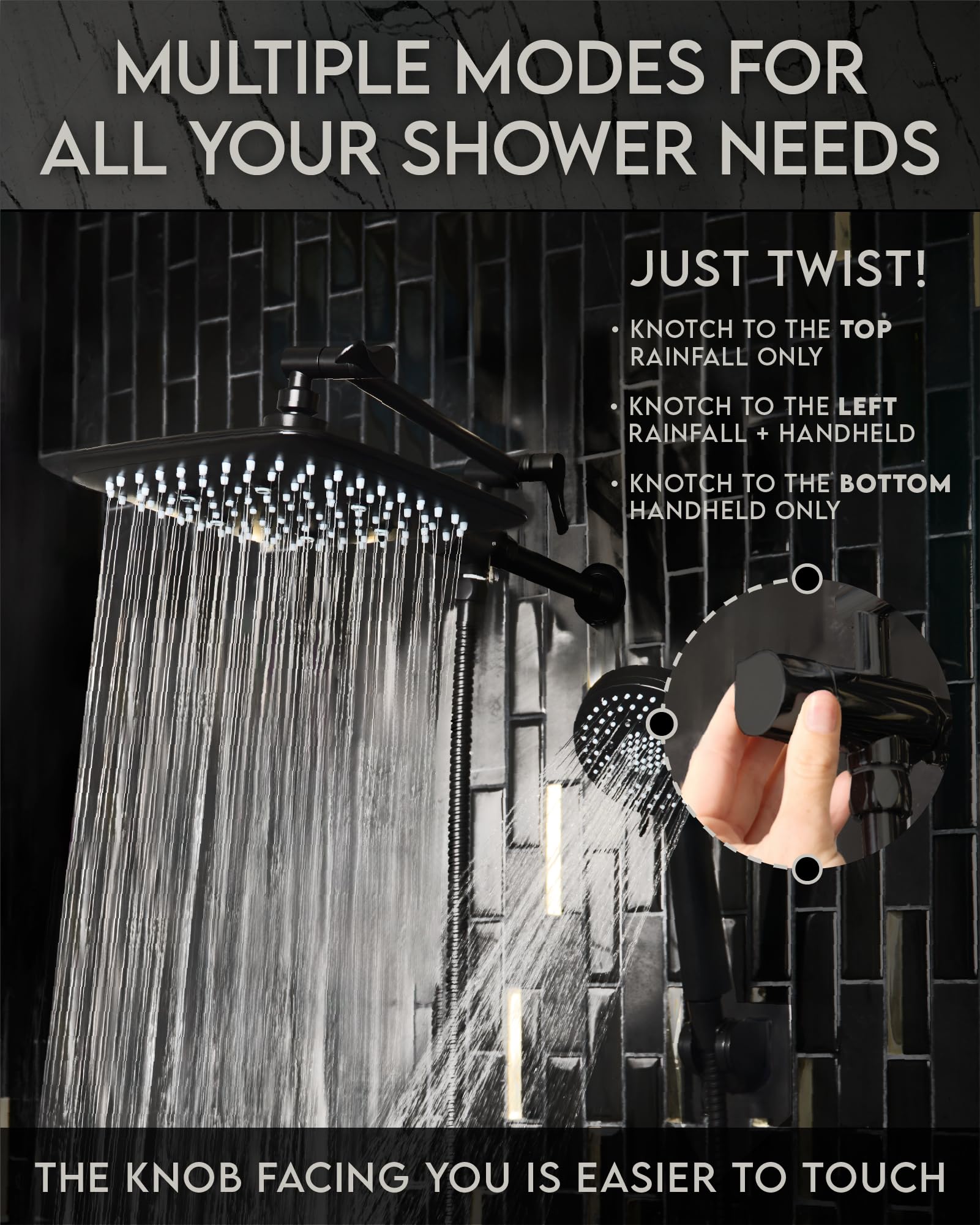 Veken High Pressure Rain Shower Head Combo with Extension Arm- Easy to Install Wide Rainfall Showerhead with 3 Water Spray Modes β Adjustable Dual Showerhead with Anti-Clog Nozzles
