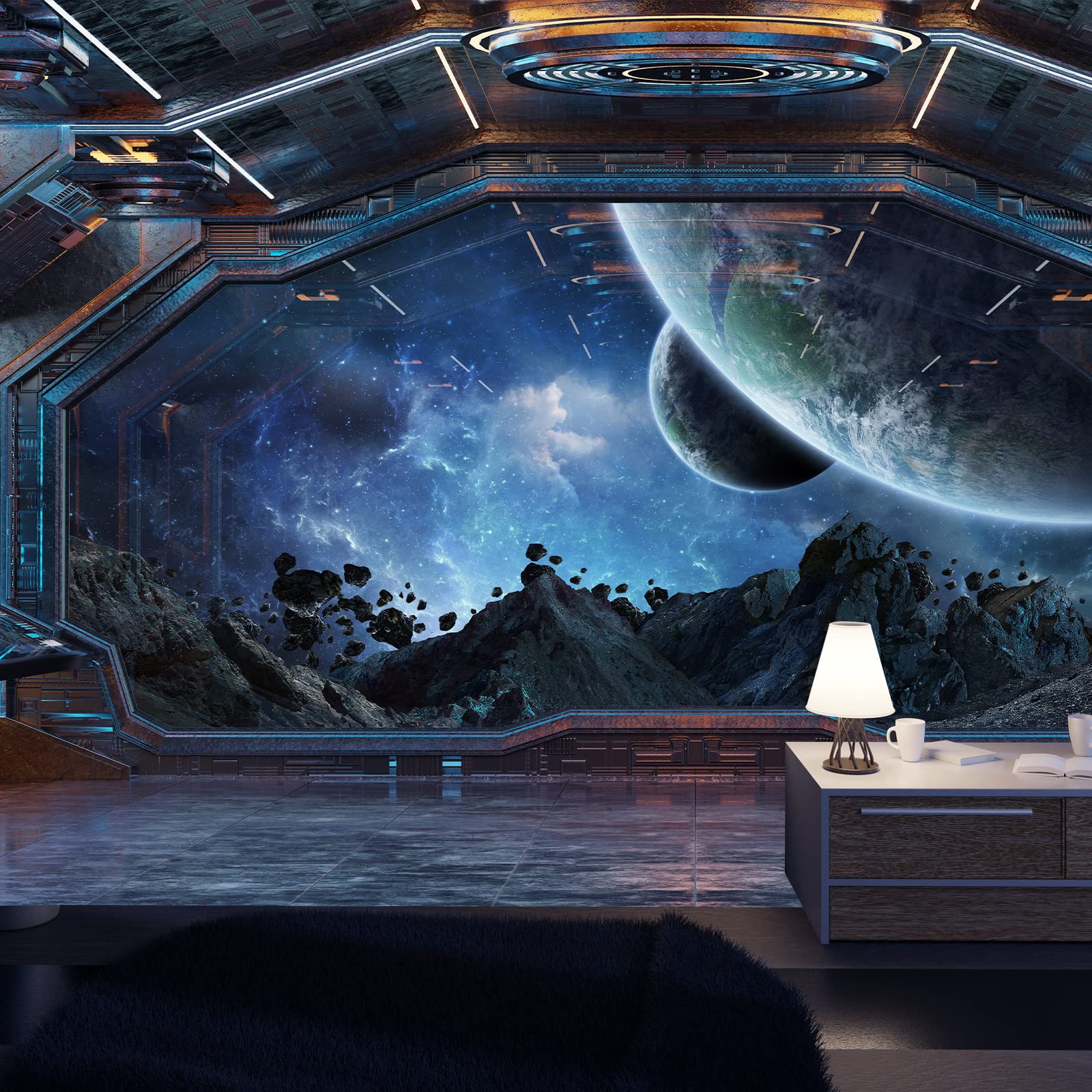 79x40 Inch Large Spaceship Wall Decal Outer Space Views from The Spaceship Removable Self-Adhesive Large Spaceship Wallpaper for Kids Bedroom Living Room Decor