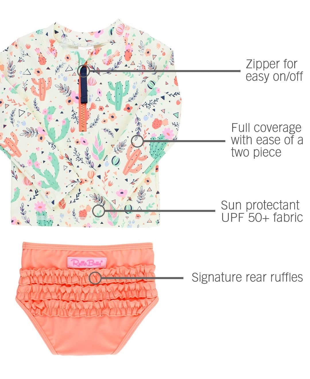 RuffleButts® Baby/Toddler Girls Desert Blossoms Long Sleeve Zipper Rash Guard Bikini - 18-24m